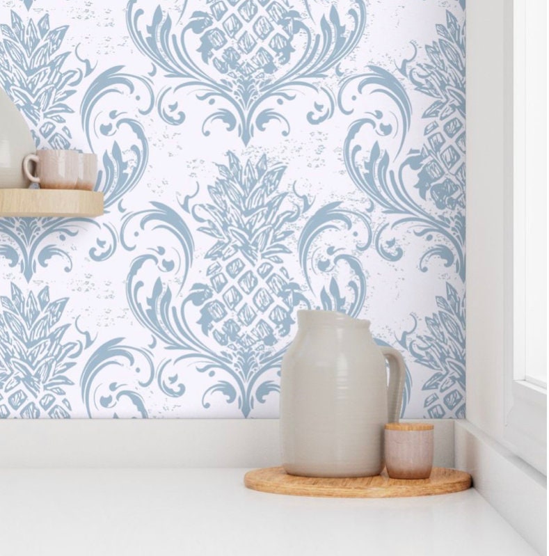 Grand Millennial Pineapple Damask Wallpaper - White and Beach House ...