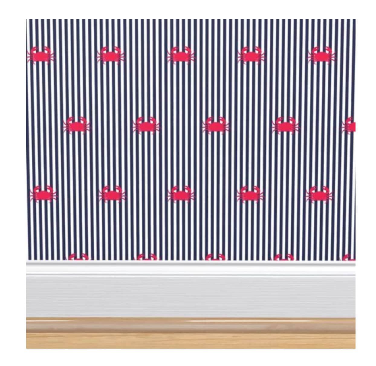 Preppy Nautical Navy Stripes and Red Crabs Wallpaper - Etsy