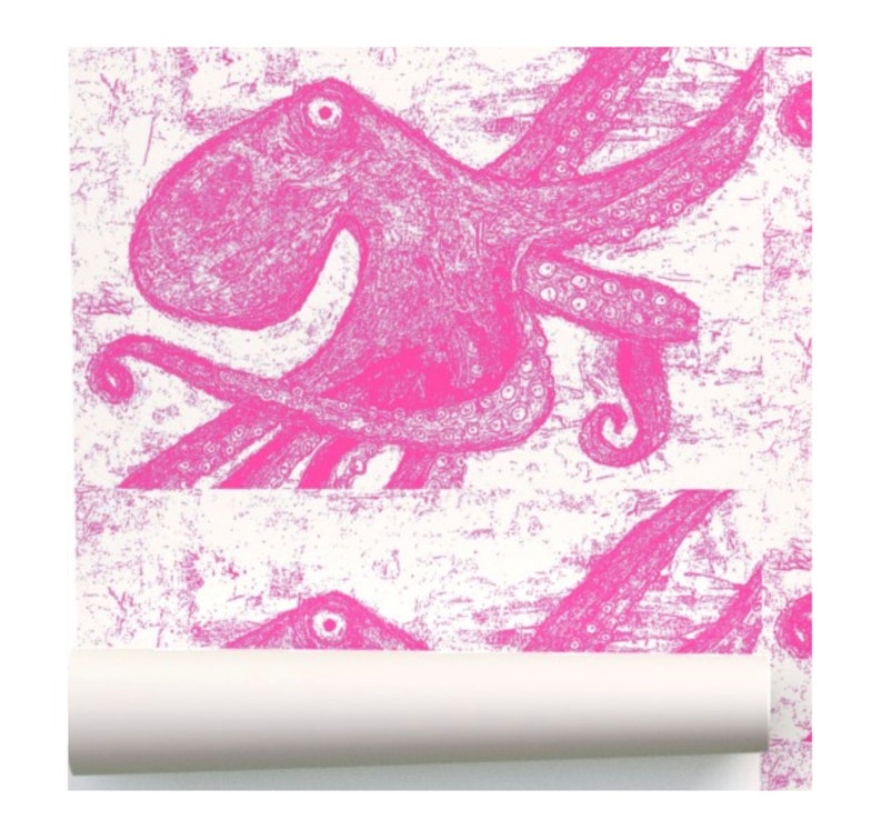 Rustic Octopus Block Print - Wallpaper - Pink & White - Etsy