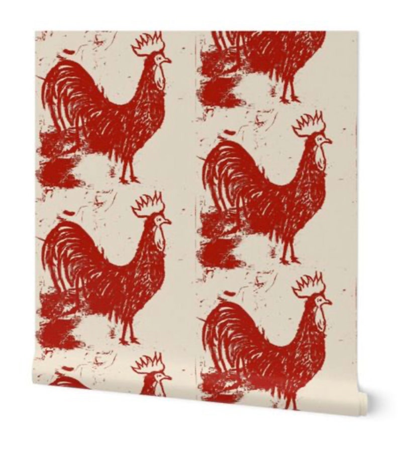 Rustic Red Rooster Wallpaper Red and Taupe | Etsy