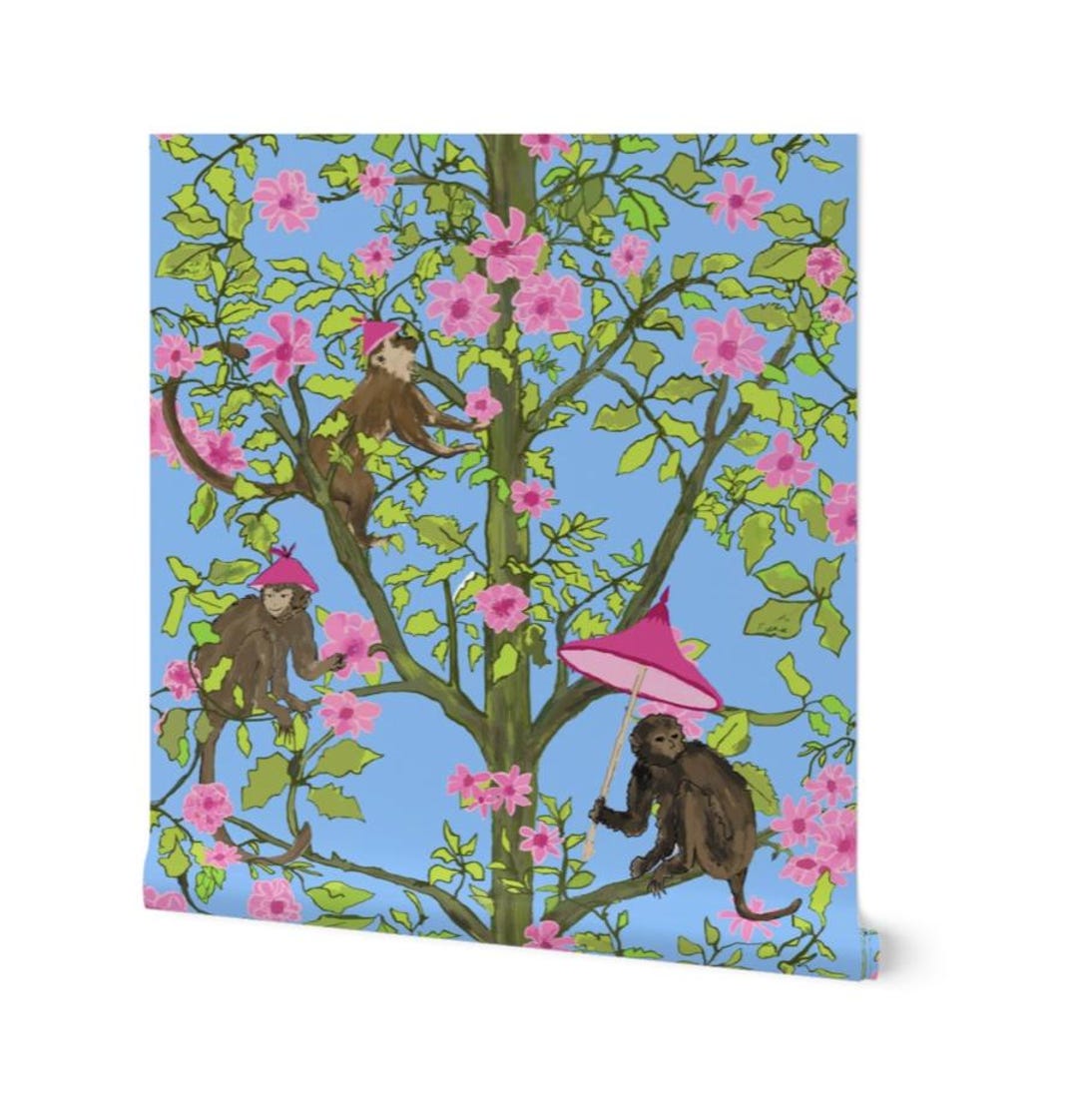 Grand Millennial - Chinoiserie Monkeys in a Rose Tree Wallpaper - BLUE ...