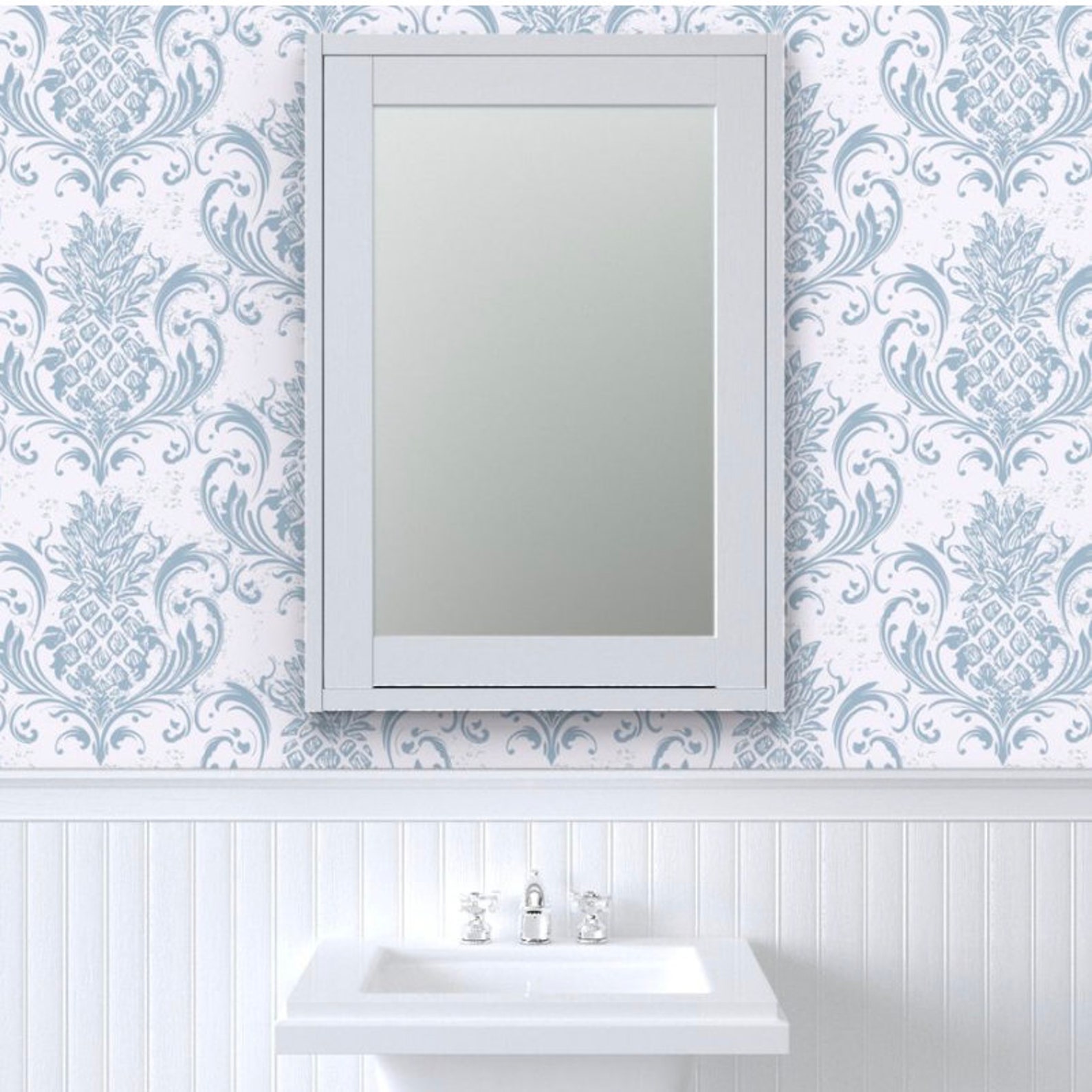 Grand Millennial Pineapple Damask Wallpaper - White and Beach House ...