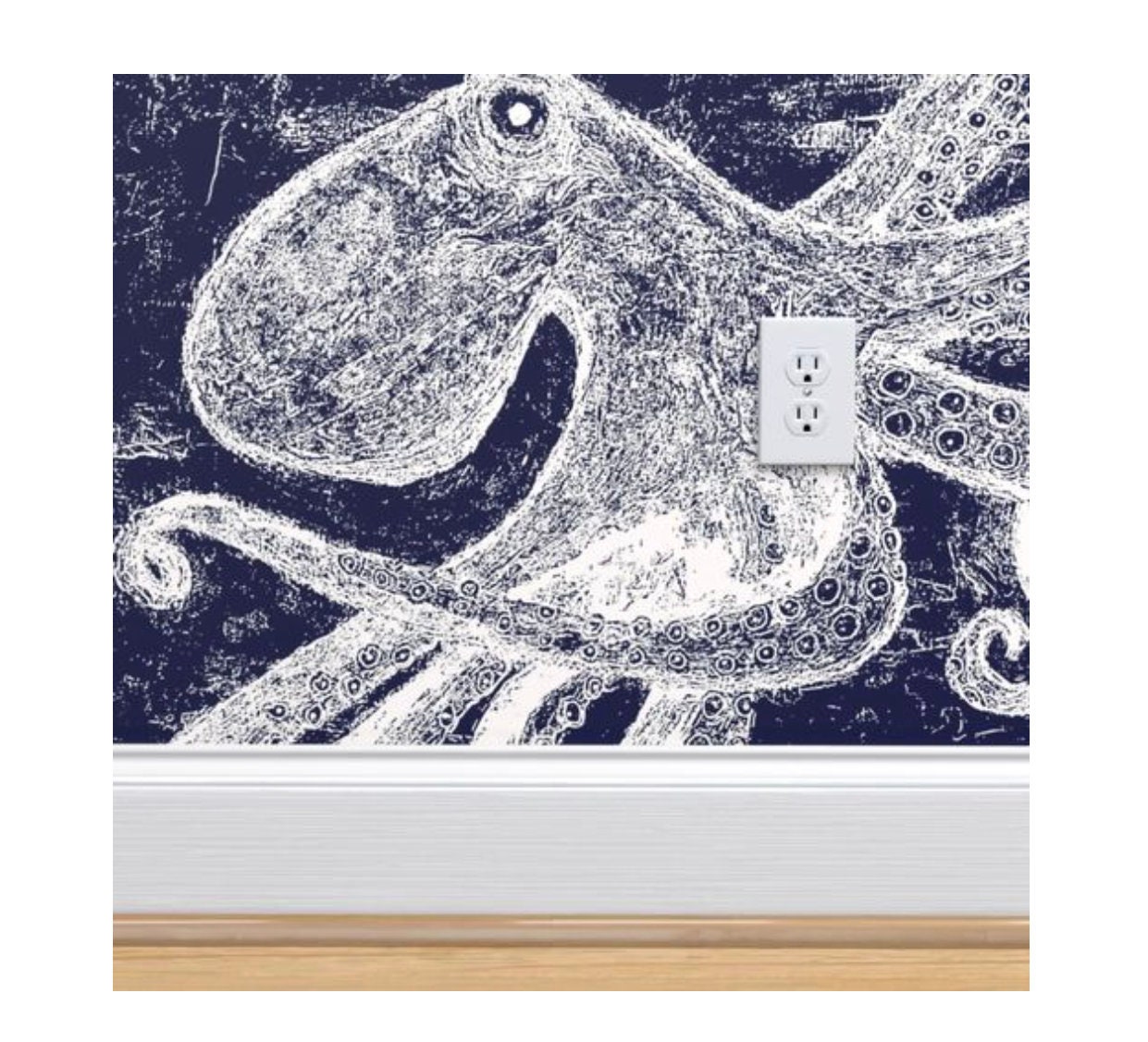 Rustic Octopus Block Print Wallpaper Navy Blue & White - Etsy