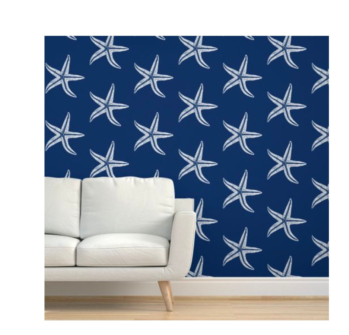 Vintage Starfish Illustration Wallpaper Navy Blue and White - Etsy