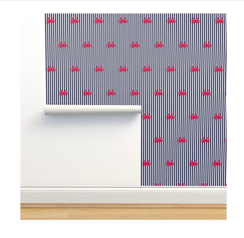 Preppy Nautical Navy Stripes and Red Crabs Wallpaper - Etsy