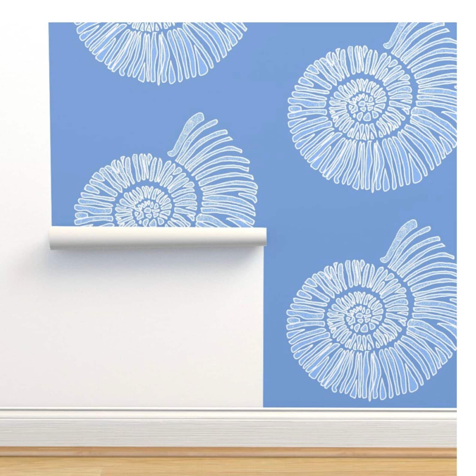 Nautilus Shell Wallpaper large Scale Cornflower Blue and White pre ...