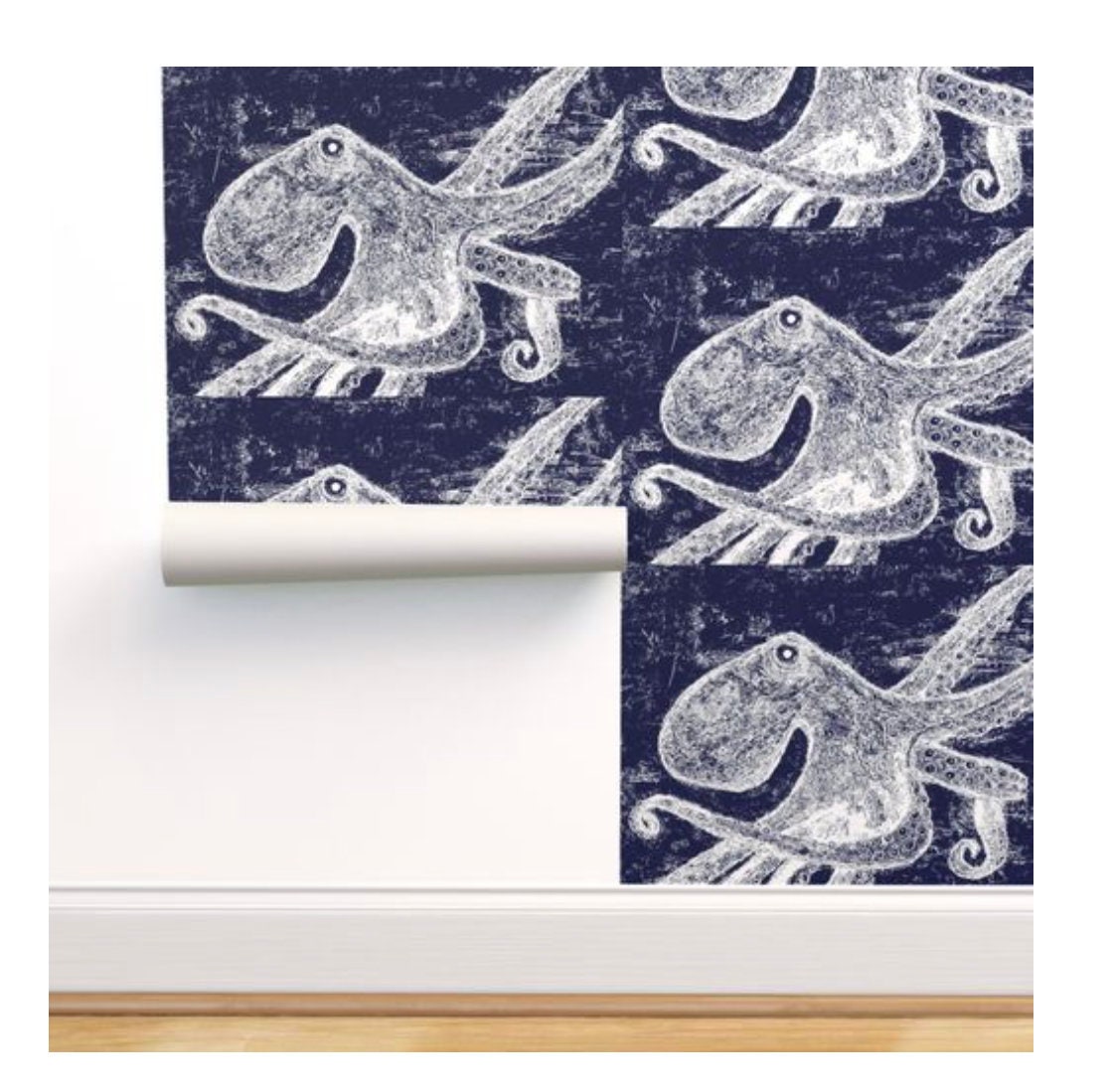 Rustic Octopus Block Print Wallpaper Navy Blue & White - Etsy