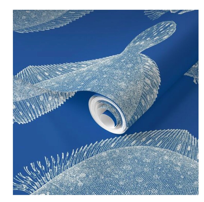 Vintage Flounder Fish Illustration Wallpaper White and Royal Blue - Etsy