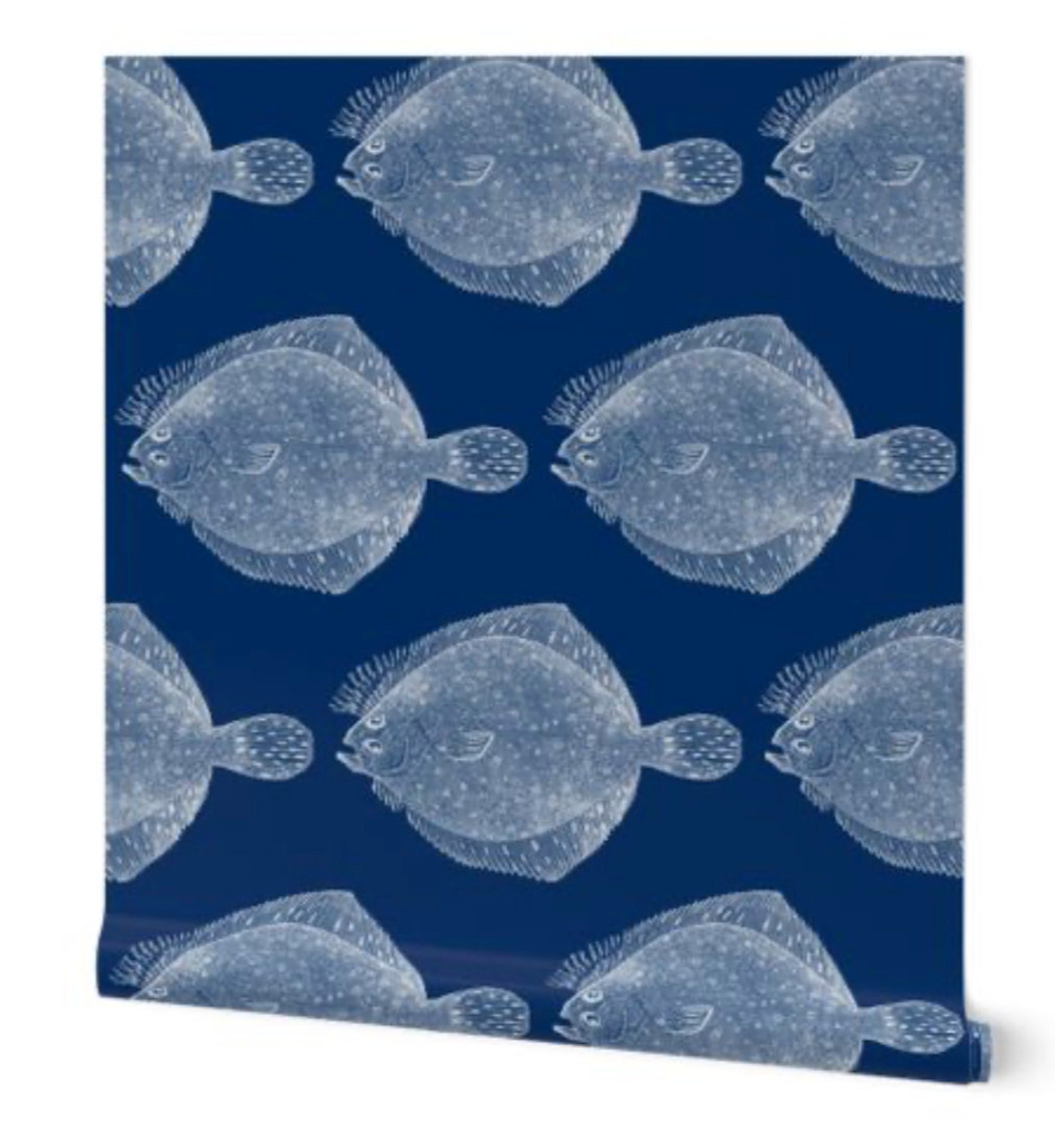 Vintage Flounder Fish Illustration Wallpaper White and Blue - Etsy