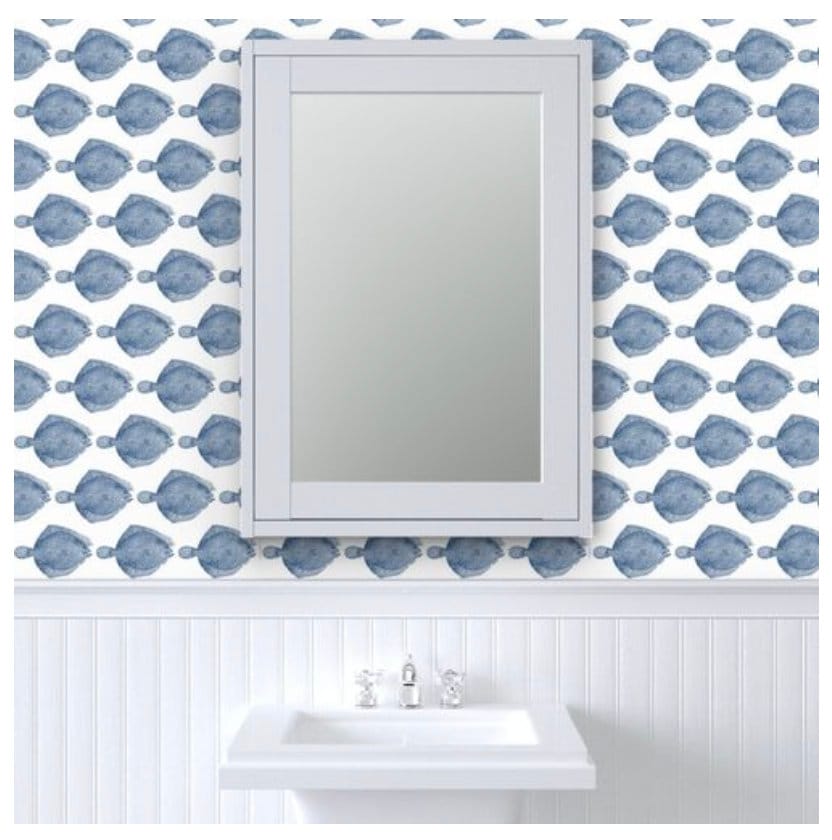 Vintage Flounder Fish Illustration Wallpaper Blue and White - Etsy