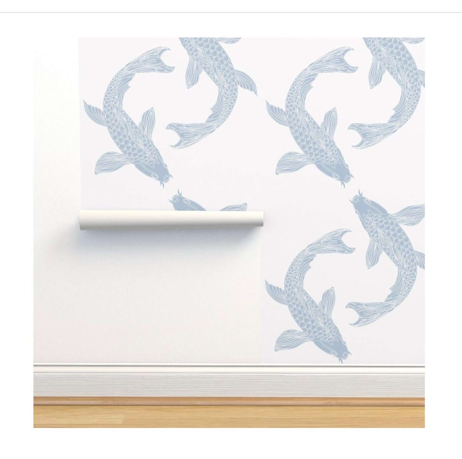 Classic Koi Fish Illustration Wallpaper Beach House Blue on a White ...