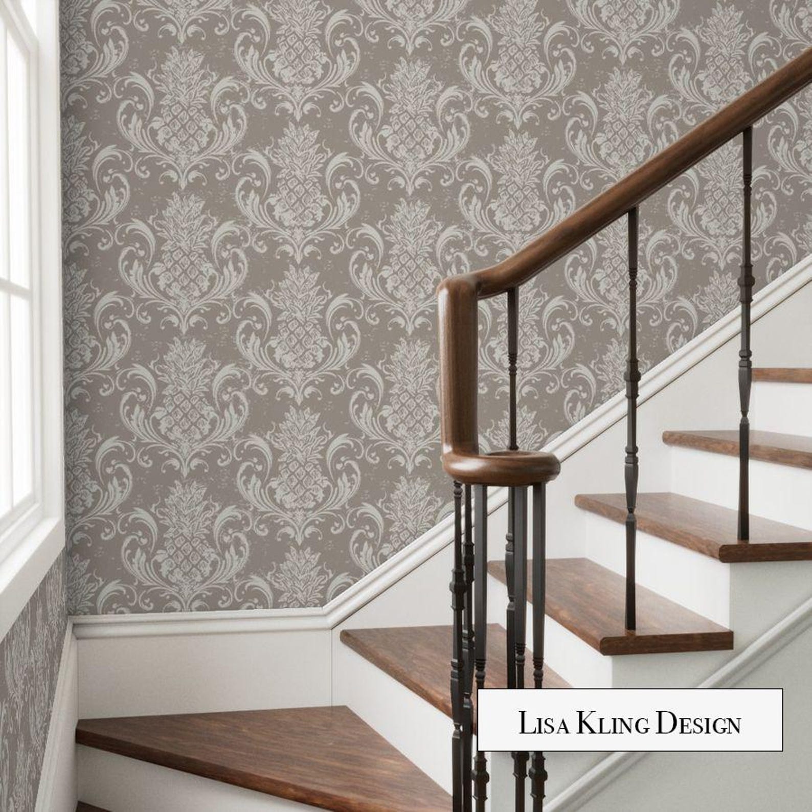 Grand Millennial Pineapple Damask Wallpaper - Mega Greige and Origami ...