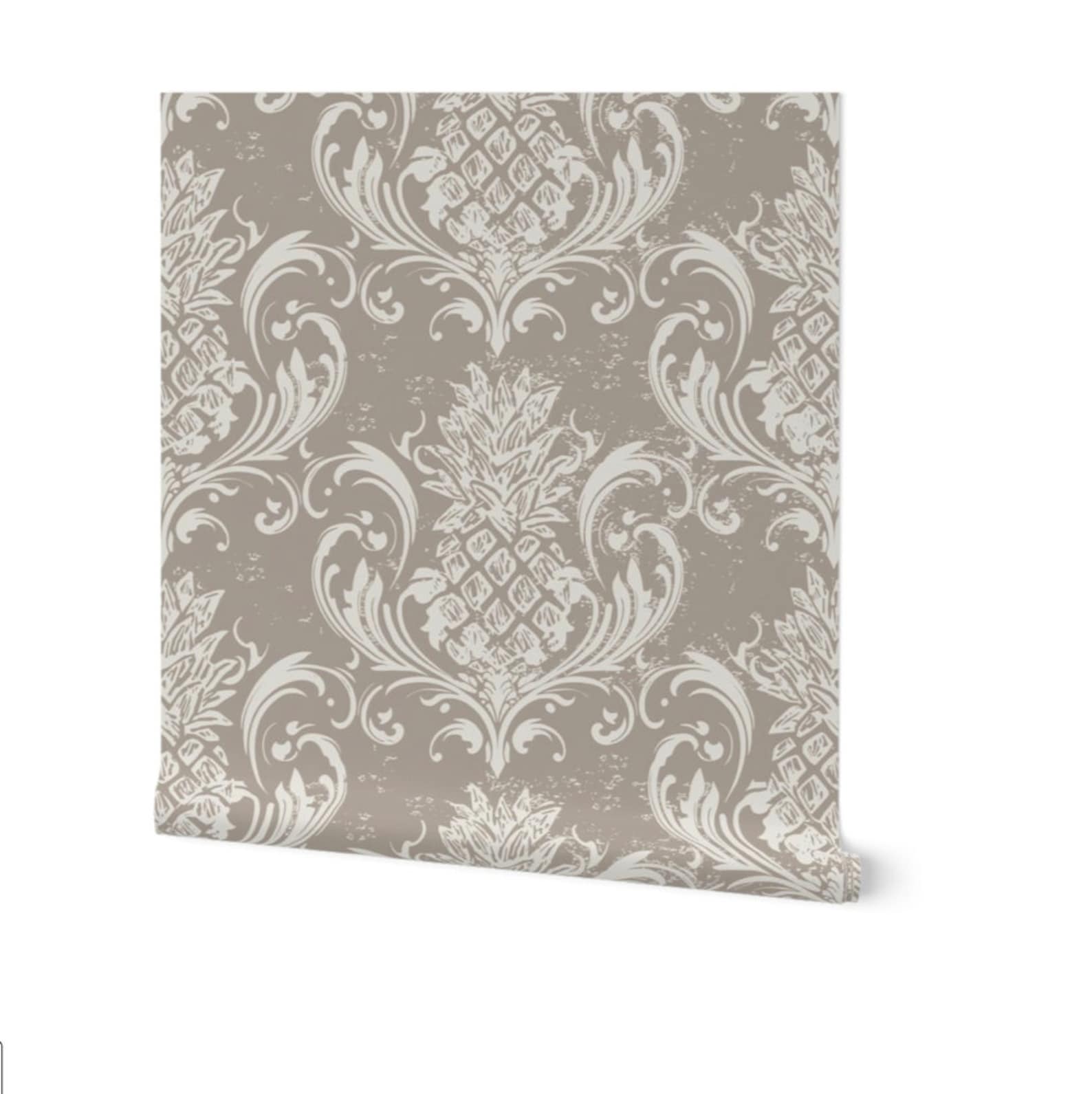 Grand Millennial Pineapple Damask Wallpaper - Mega Greige and Origami ...