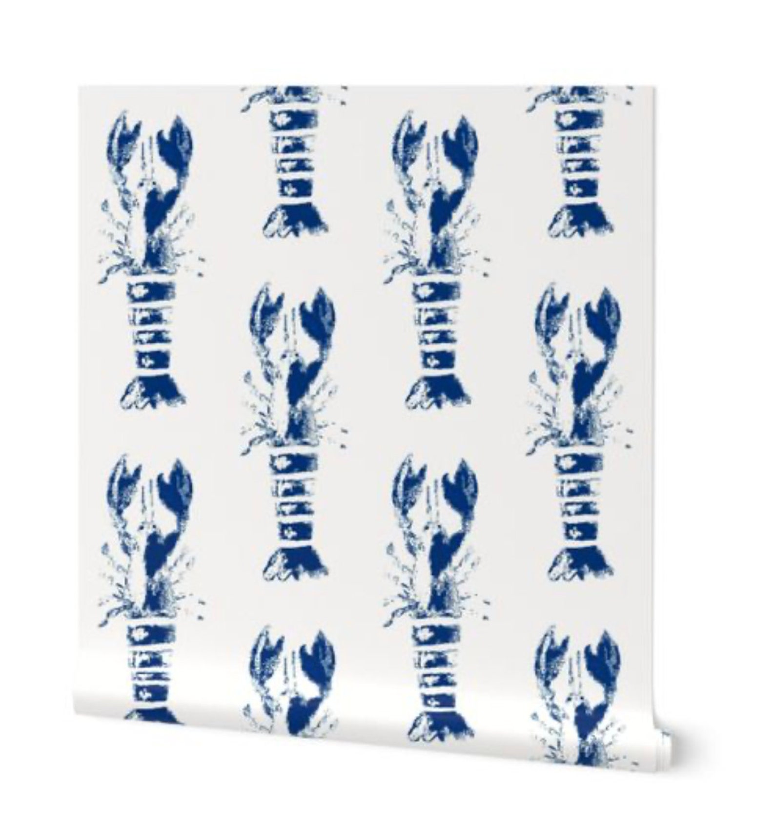 Lobster Wood Block Print - Wallpaper - White & Navy - Etsy