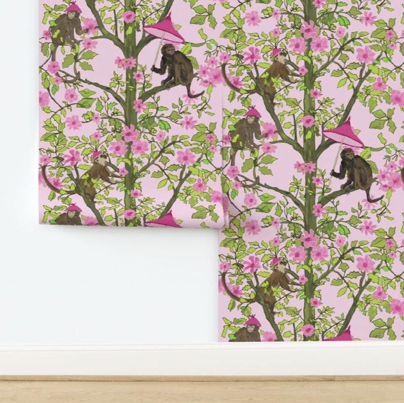 Grand Millennial- Chinoiserie Monkeys in a Rose Tree Wallpaper - PINK ...