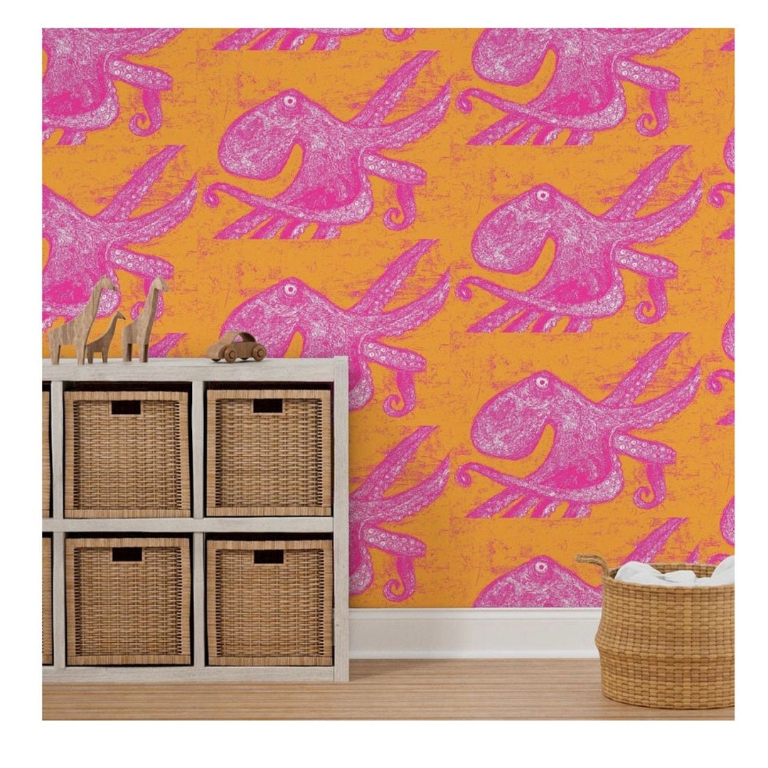 Rustic Octopus Block Print - Wallpaper - Hot Pink and Tangerine - Etsy