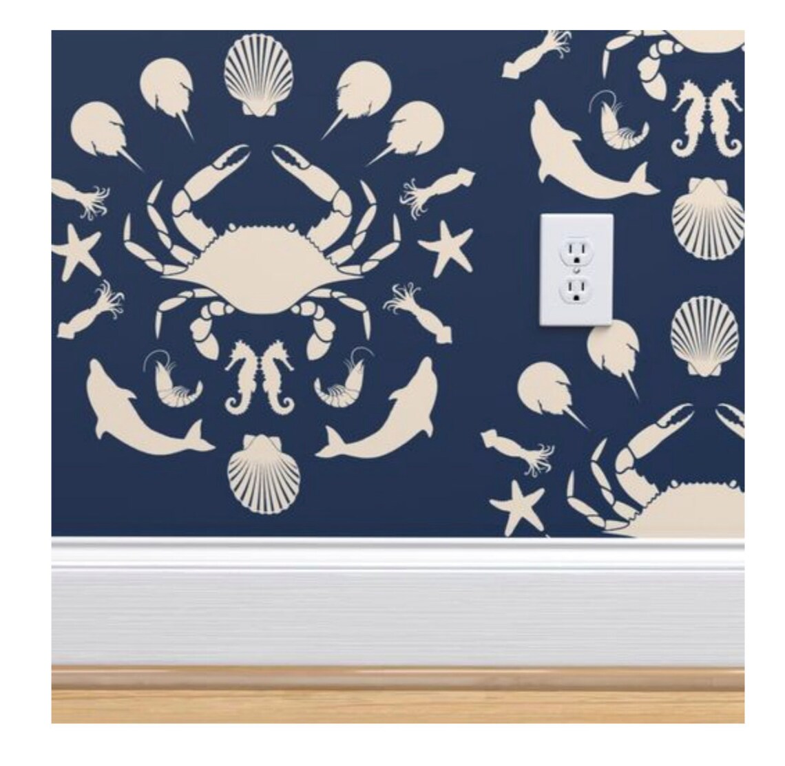Seafood Toile Wallpaper - Navy and Taupe - Etsy