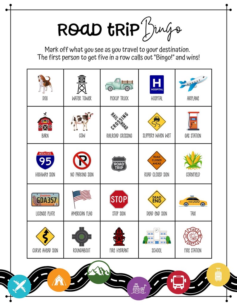 Road Trip Bingo, Road Trip Car Bingo, Travel Bingo, Kids Car Games ...