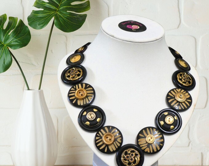 Black and Gold Button Necklace, Handmade Statement Necklace, Gift for ...