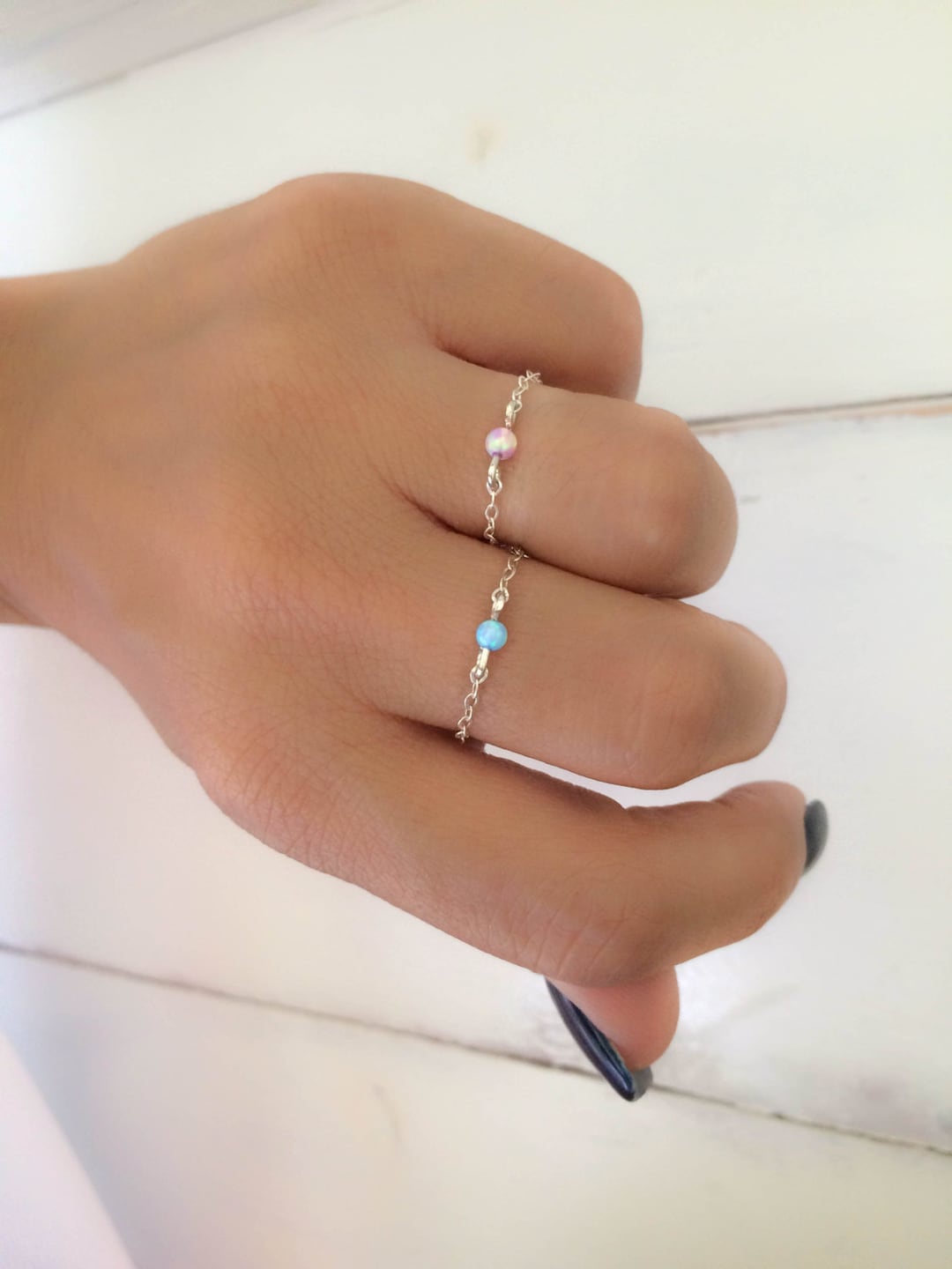 Mother Day Chain Ring, Opal Chain Ring, Tiny Opal Ring, Stack Silver Chain Ring, White Pink ...