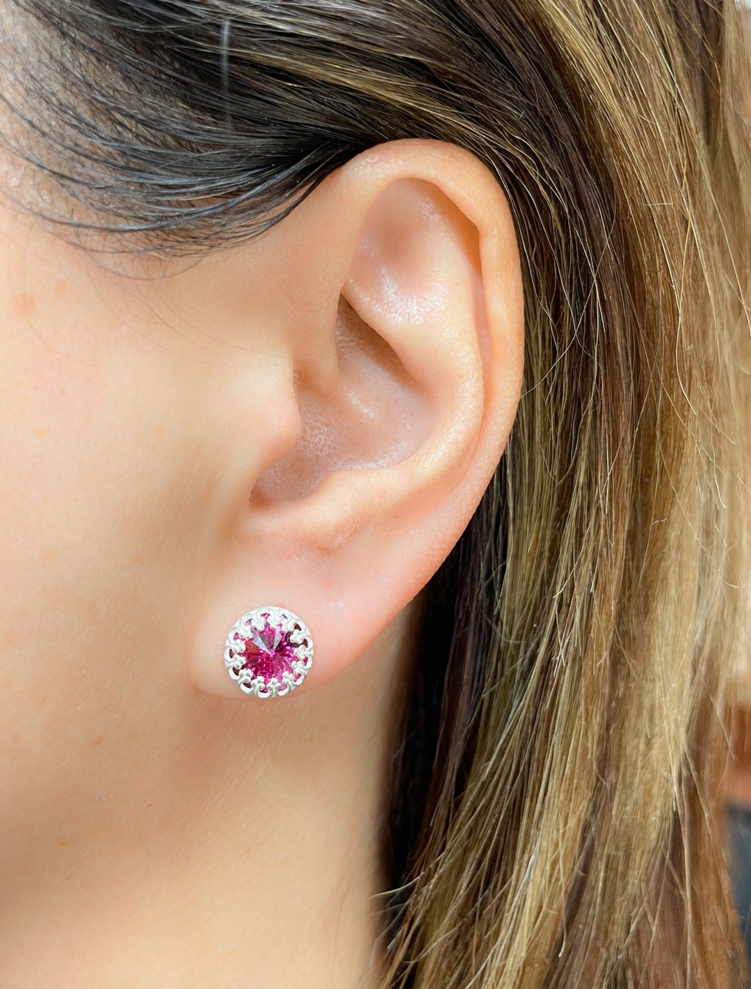 Silver Ruby Stud Earrings, Crystal Ruby Earrings, Pink Fuchsia Studs, Ruby Sterling Silver ...