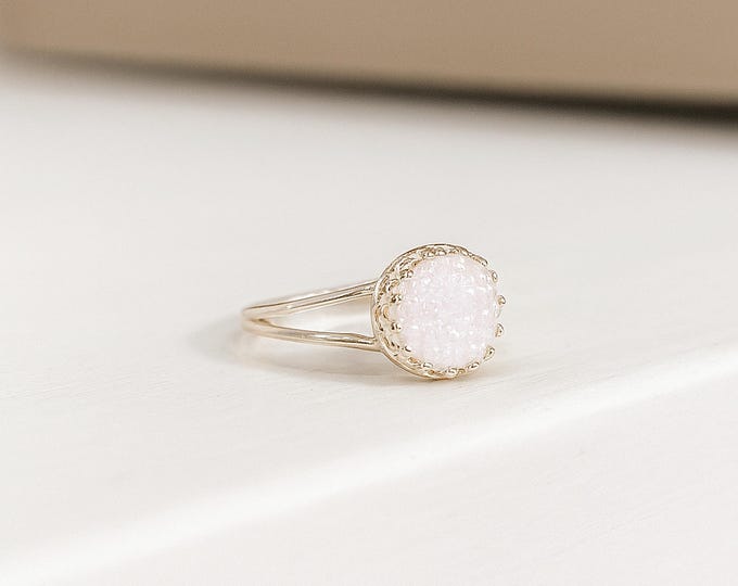White Druzy Ring, Round Druzy Jewelry, Hammered Ring, Stacking Ring ...