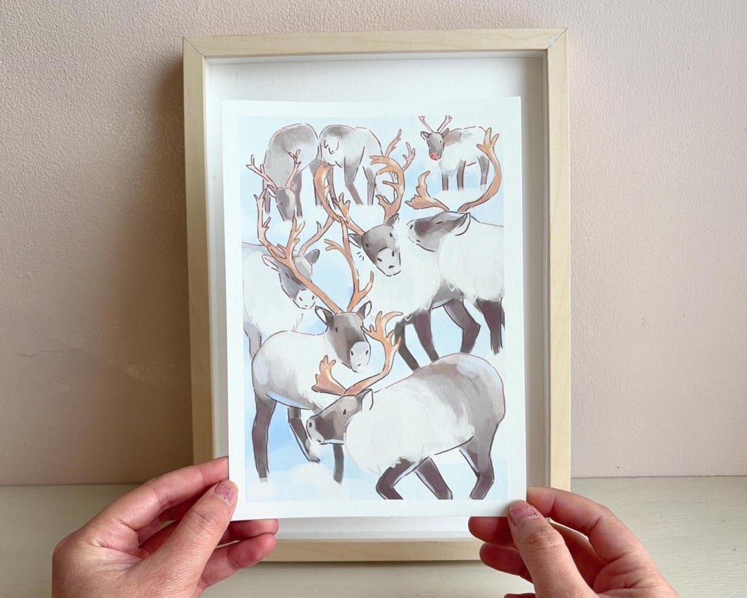 Reindeer Rudolf Print: Winter Snow Hand Painted Illustration on Hemp ...