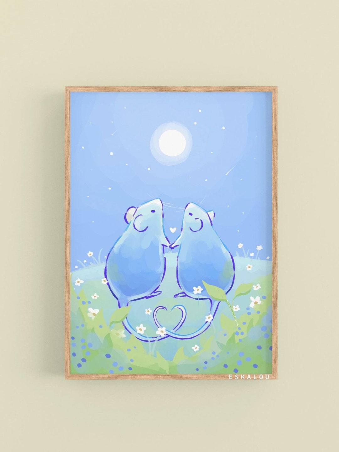 Kawaii Mouse Moonlight Mice Art Print - Adorable Animal Illustration ...