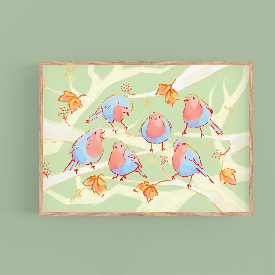 Autumn Robin Art Print - Kawaii Cute Fall Bird Painting | Whimsical ...