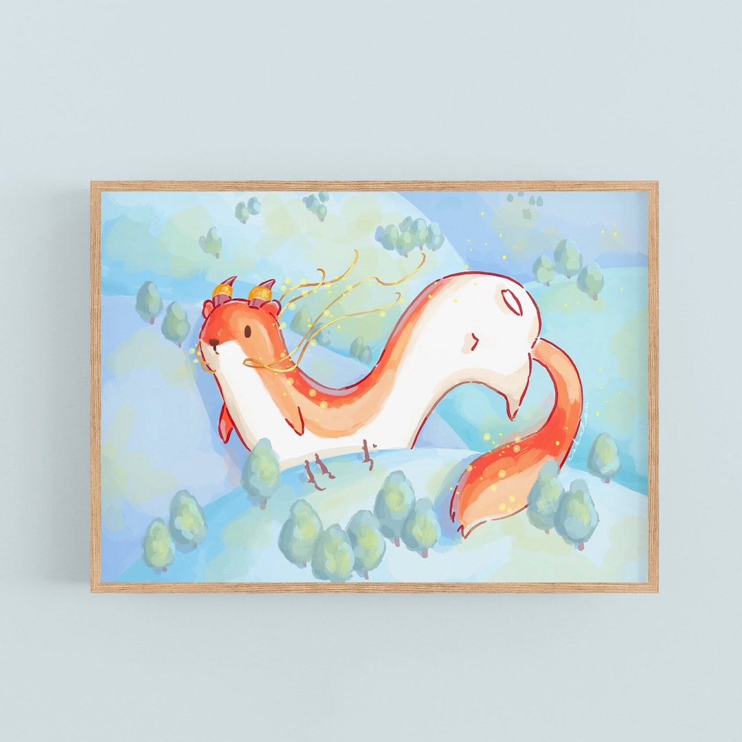 Stoat Weasel Dragon Art Print - Kawaii Cute Art Illustration - Cute ...