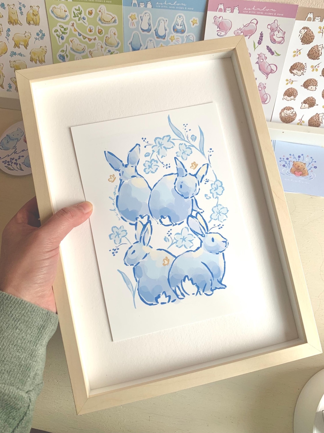 Blue Bunny Art Print - Painted Rabbit Illustration - Cute Minimalist ...