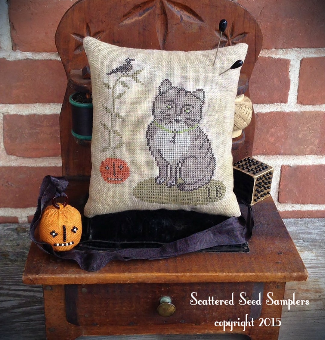 Miss Matilda & Pumpkin Pinkeep Necklace ~ Cross Stitch Halloween Cat ...
