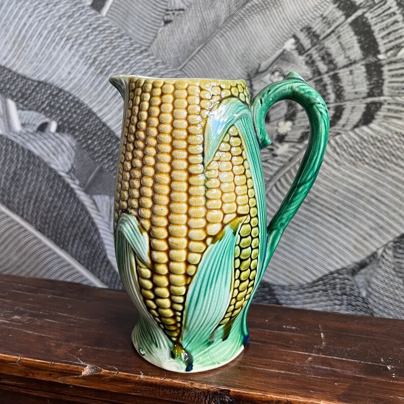Antique Majolica Corn Jug Vase Pitcher Floral Arrangement Pottery ...