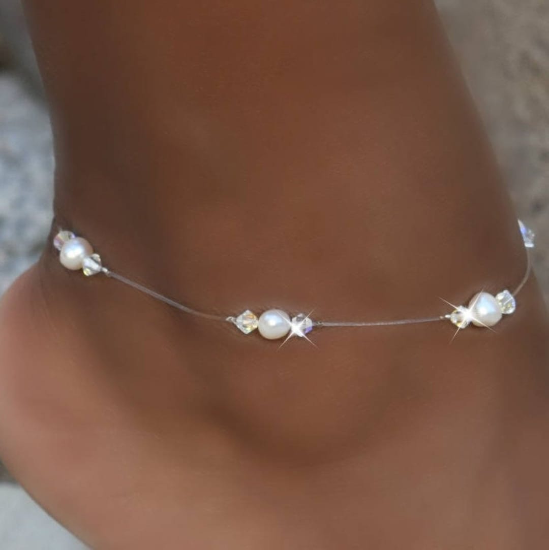 Crystal and Fresh Water Pearl Stretch Anklet/bridal Jewelry/beach ...