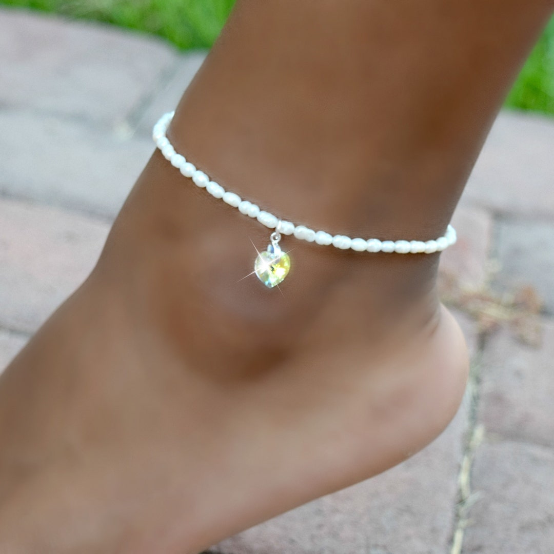 Fresh Water Pearl Anklet With Crystal Heart/body Jewelry/gemstones ...