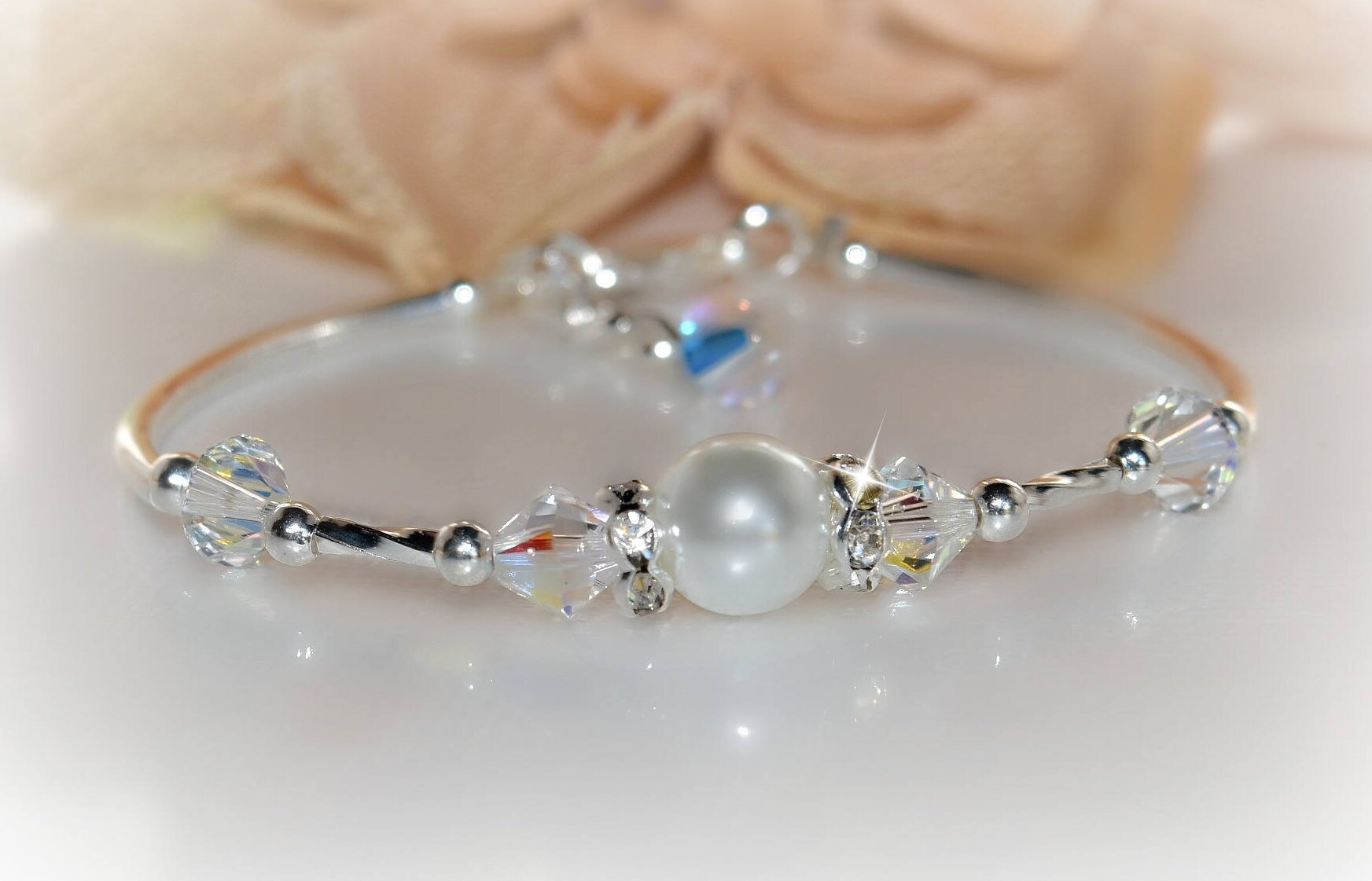 Silver and Blue Crystal Bangle Bracelet/pearls/bridal | Etsy