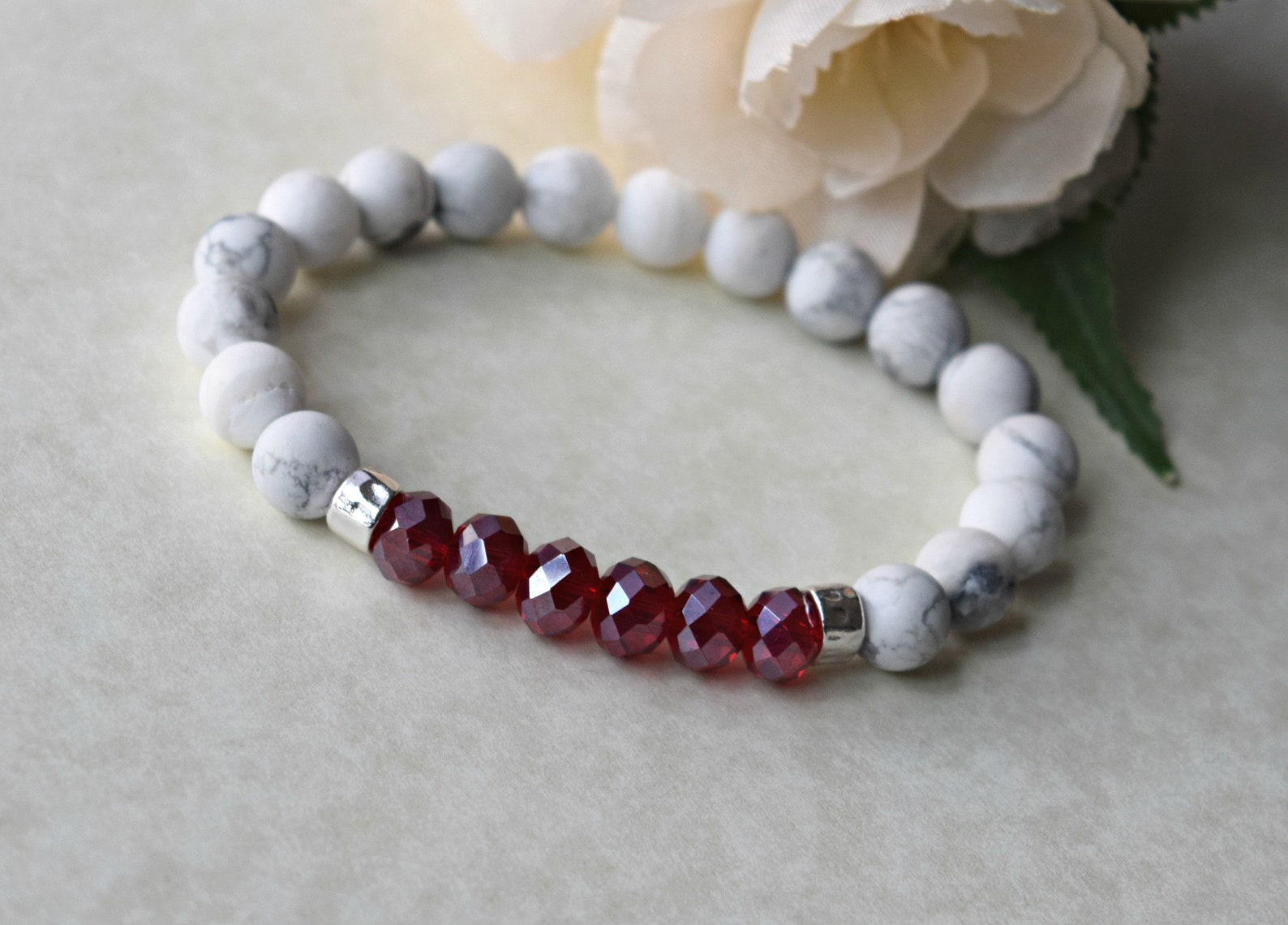 Red Crystal White Howlite Gemstone Healing Bracelet | Etsy