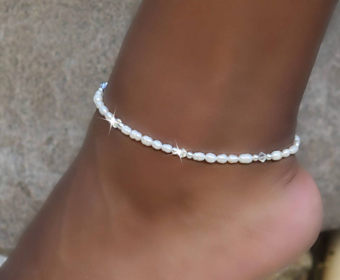 Crystal and Fresh Water Pearl Stretch Anklet/beach - Etsy
