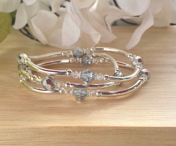 Crystal Bangle Bracelets Silver Bracelets Set of 3 Stretch Bracelets Etsy Ireland