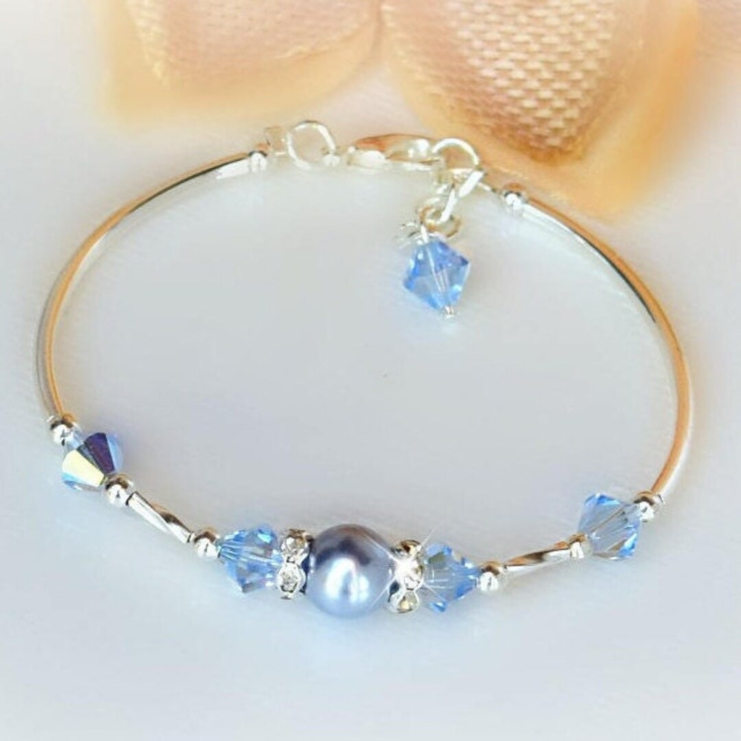 Silver and Blue Crystal Bangle Bracelet/pearls/bridal Jewelry/wedding ...