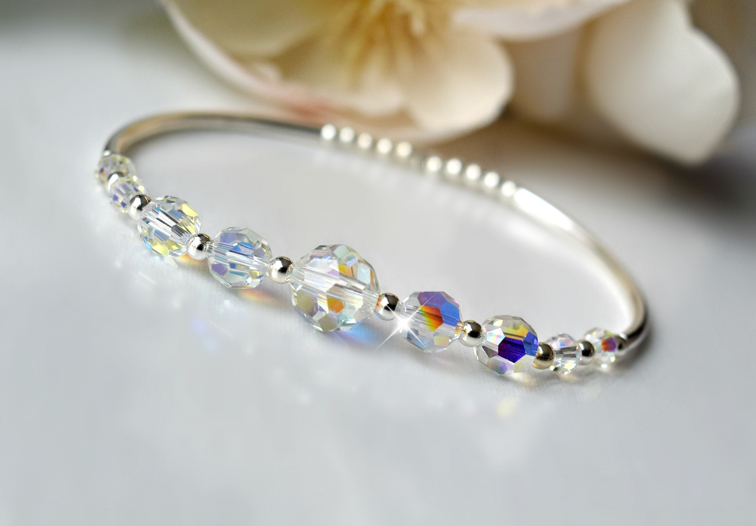 Swarovski Crystal AB Bangle Bracelet, Silver Beaded Bracelet, Gift for ...