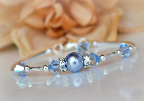 Silver and Blue Crystal Bangle Bracelet/pearls/bridal | Etsy