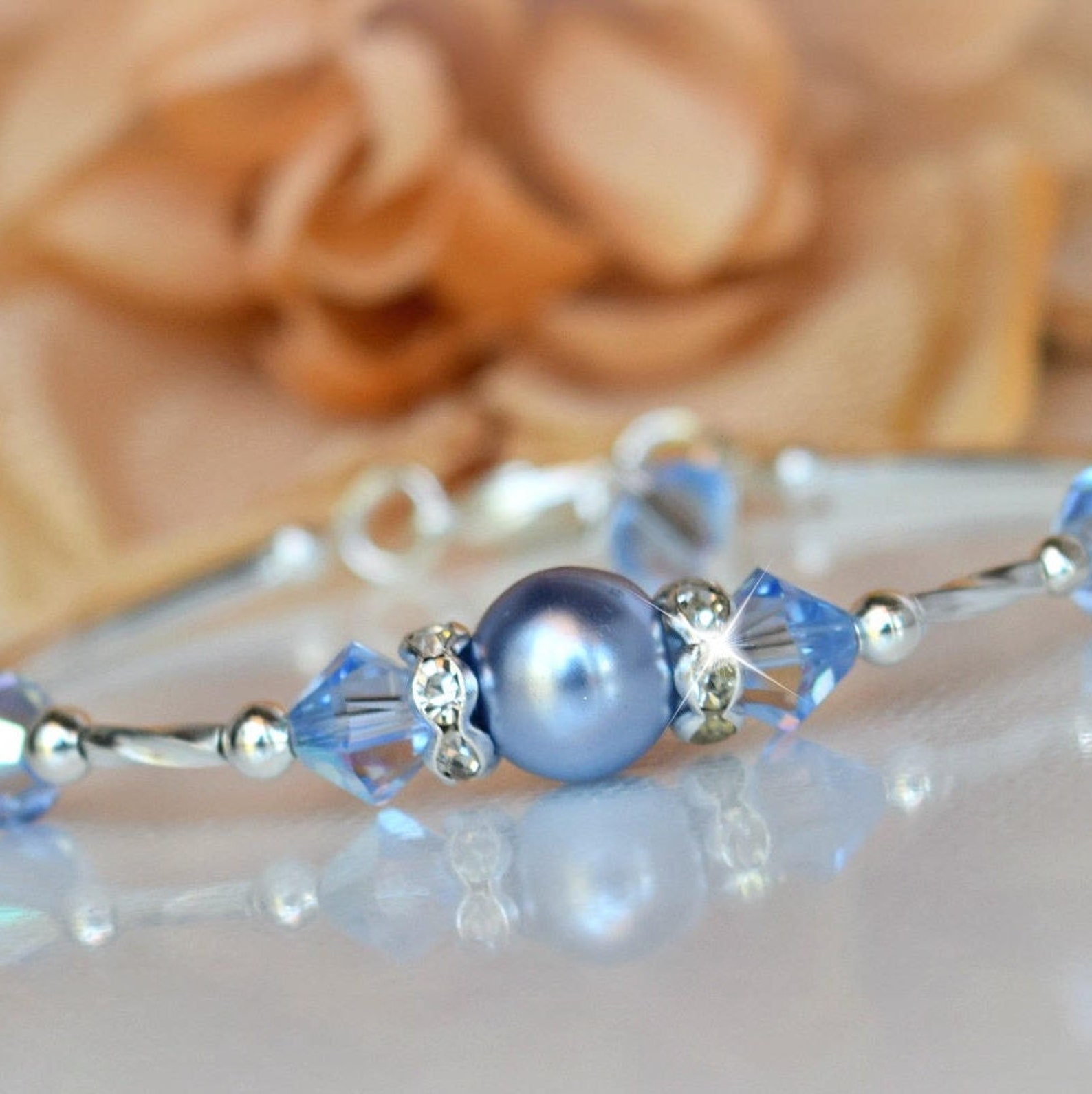 Silver and Blue Crystal Bangle Bracelet/pearls/bridal Jewelry/wedding ...
