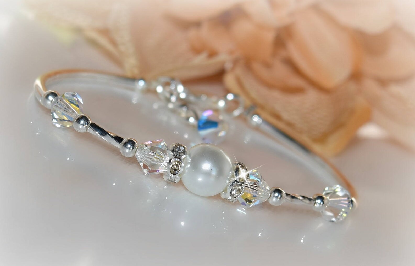 Silver and Blue Crystal Bangle Bracelet/pearls/bridal | Etsy