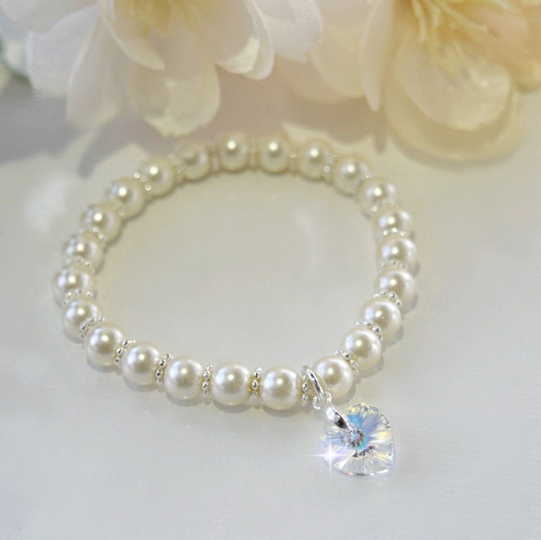 Girls Pearl Bracelet W/swarovski Crystal Heart - Etsy