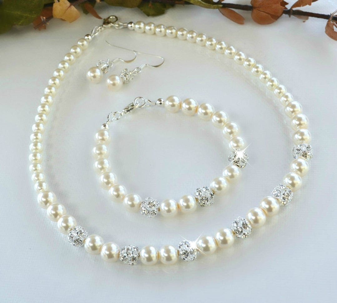 Pearl Set W/rhinestones/wedding Jewelry/bridal Jewelry/free - Etsy