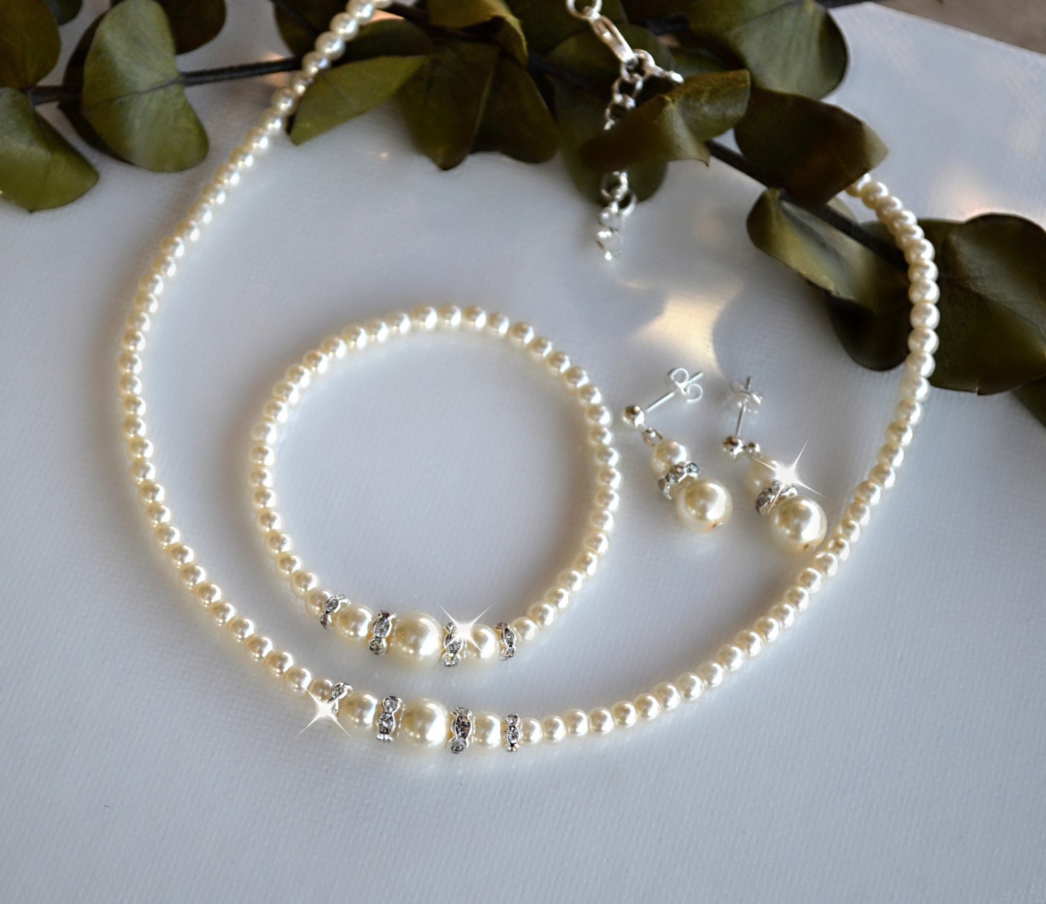 Pearl Bridal Set/ Necklace Bracelet and Earrings | Etsy