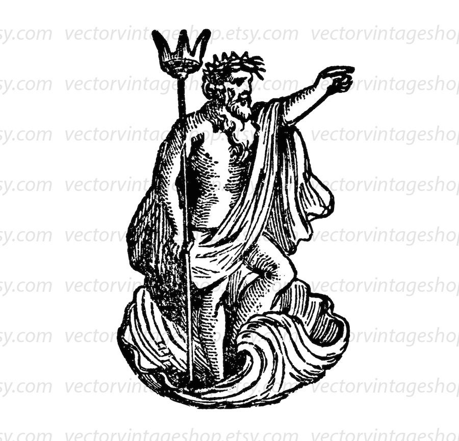 POSEIDON SVG File, Vintage Vector Illustration, Neptune Trident, God of ...