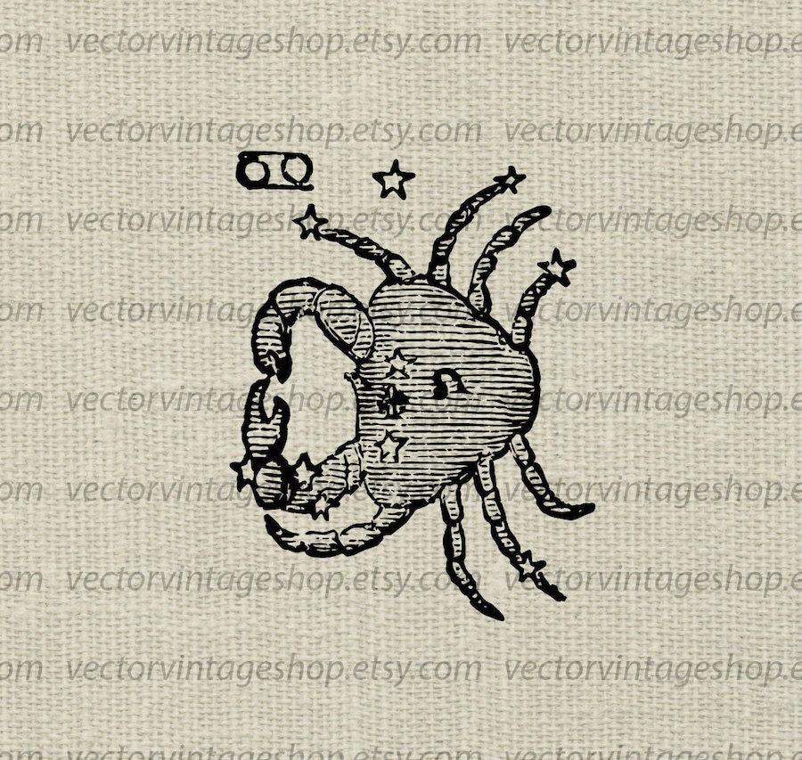 CANCER ZODIAC SVG, Vintage Vector Graphic, Astrology Sign Crab, June ...