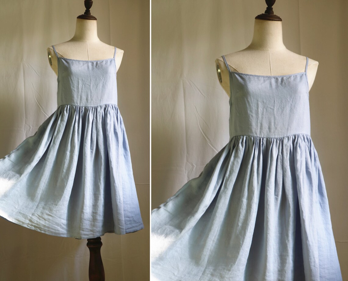 Light Blue Linen Dress Middle-length Dress Loose and Comfortable Linen ...